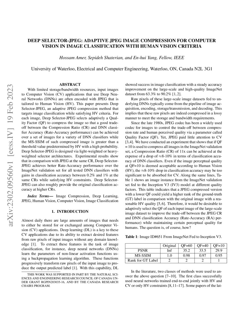 Deep Selector Jpeg Adaptive Jpeg Image Compression For Computer Vision In Image Classification