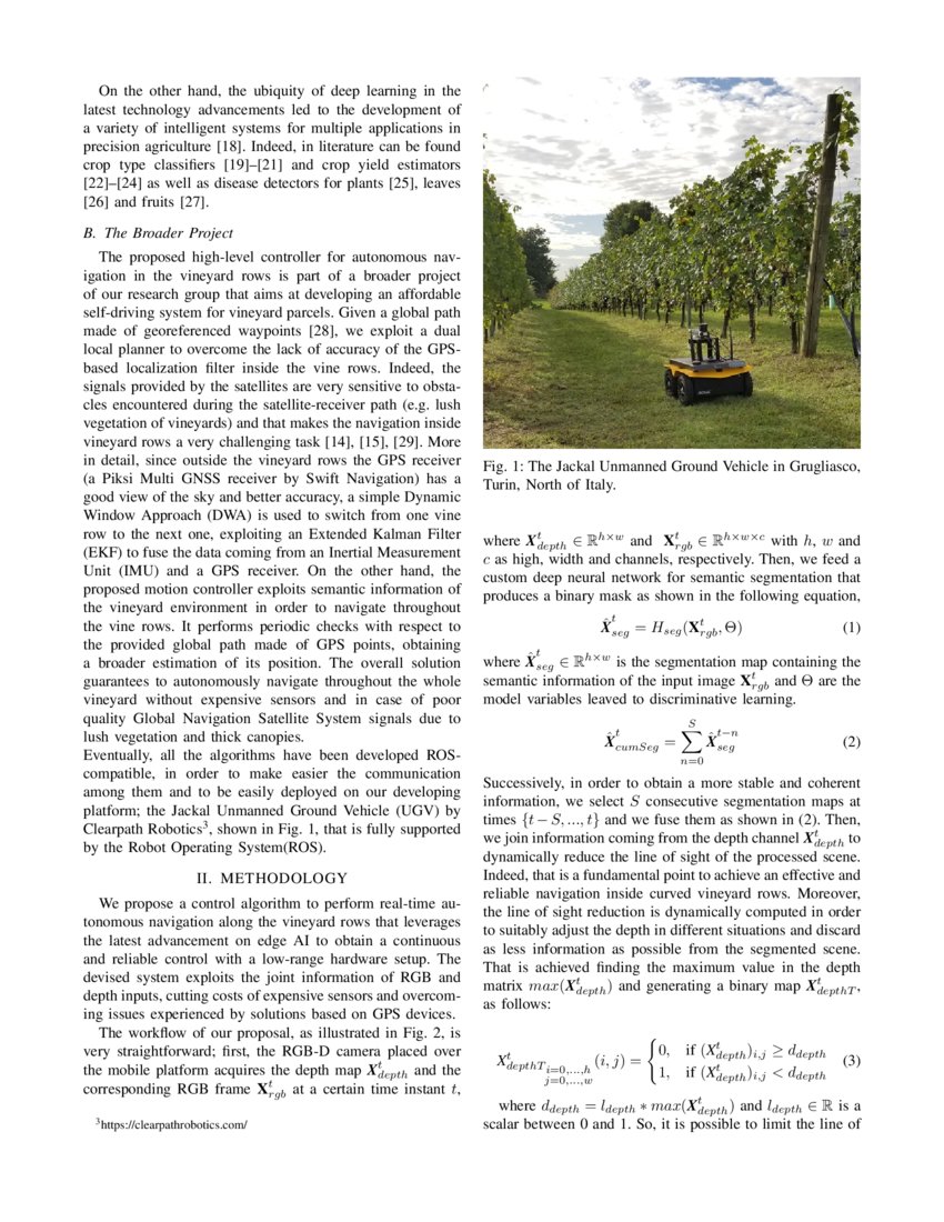Deep Semantic Segmentation at the Edge for Autonomous Navigation in Vineyard Rows | DeepAI