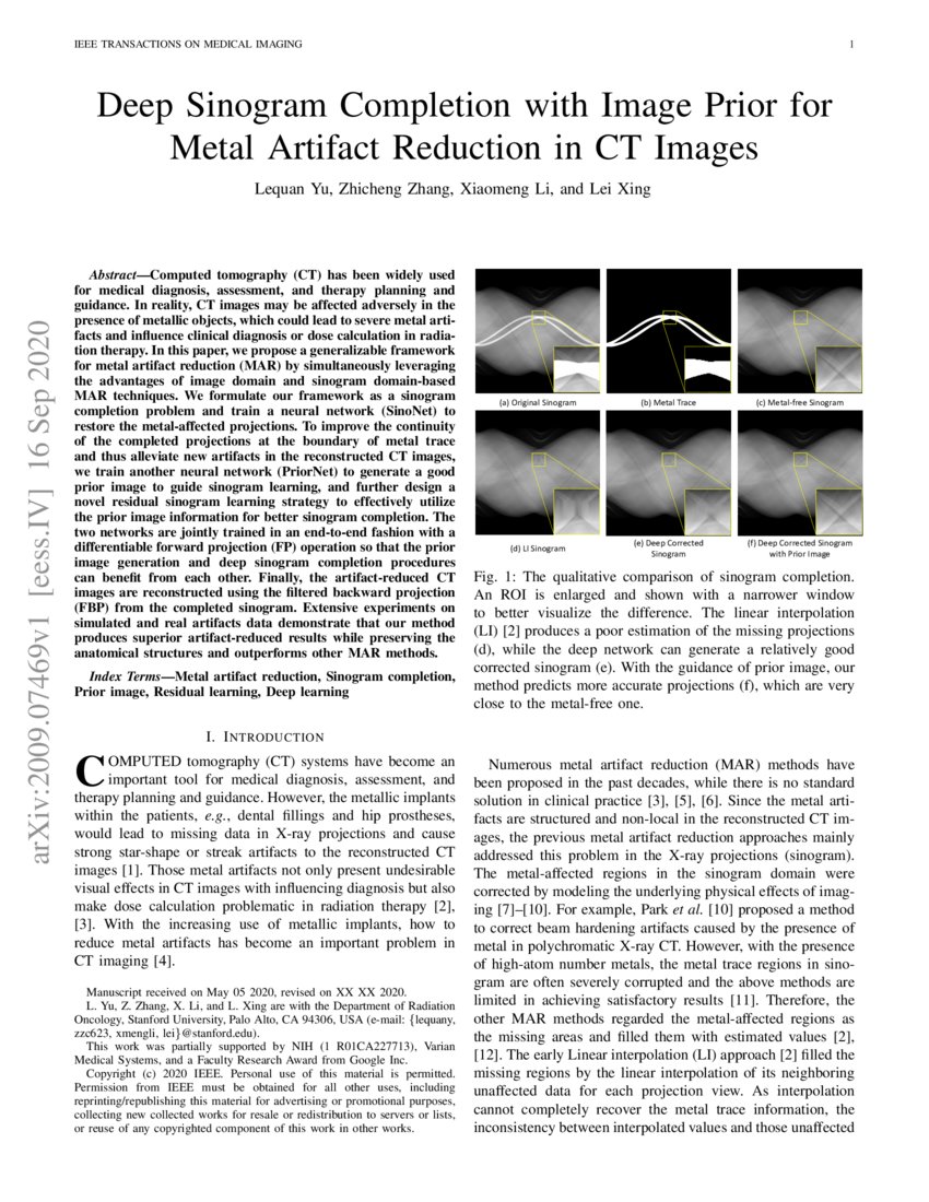 Deep Sinogram Completion with Image Prior for Metal Artifact Reduction in CT Images | DeepAI