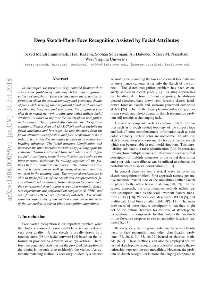 Deep Sketch-Photo Face Recognition Assisted by Facial Attributes | DeepAI