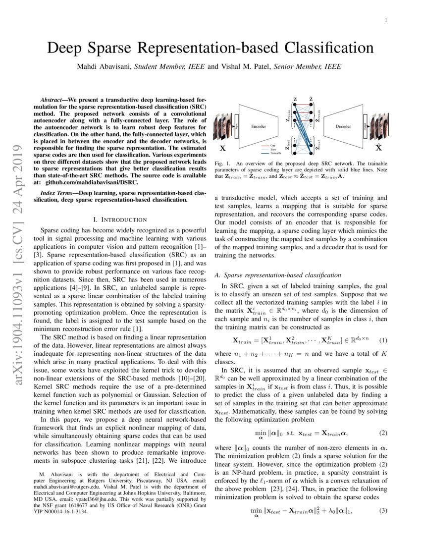 Deep Sparse Representation-based Classification | DeepAI Deep Sparse Representation-based Classification | DeepAI