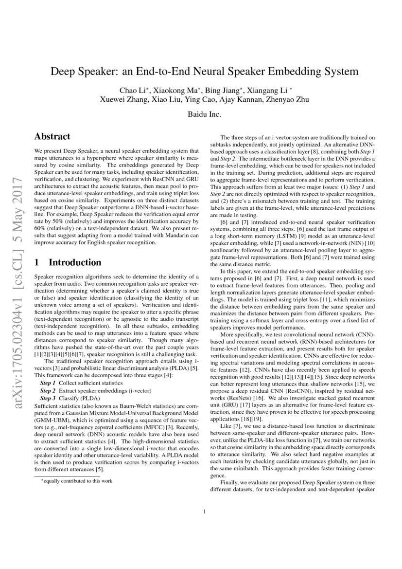 Deep Speaker: an End-to-End Neural Speaker Embedding System | DeepAI