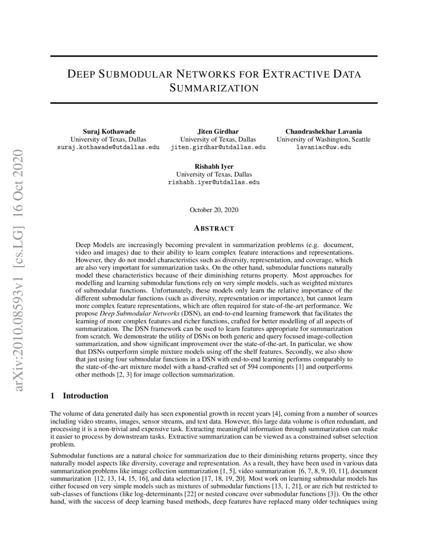 Deep Submodular Networks For Extractive Data Summarization Deepai