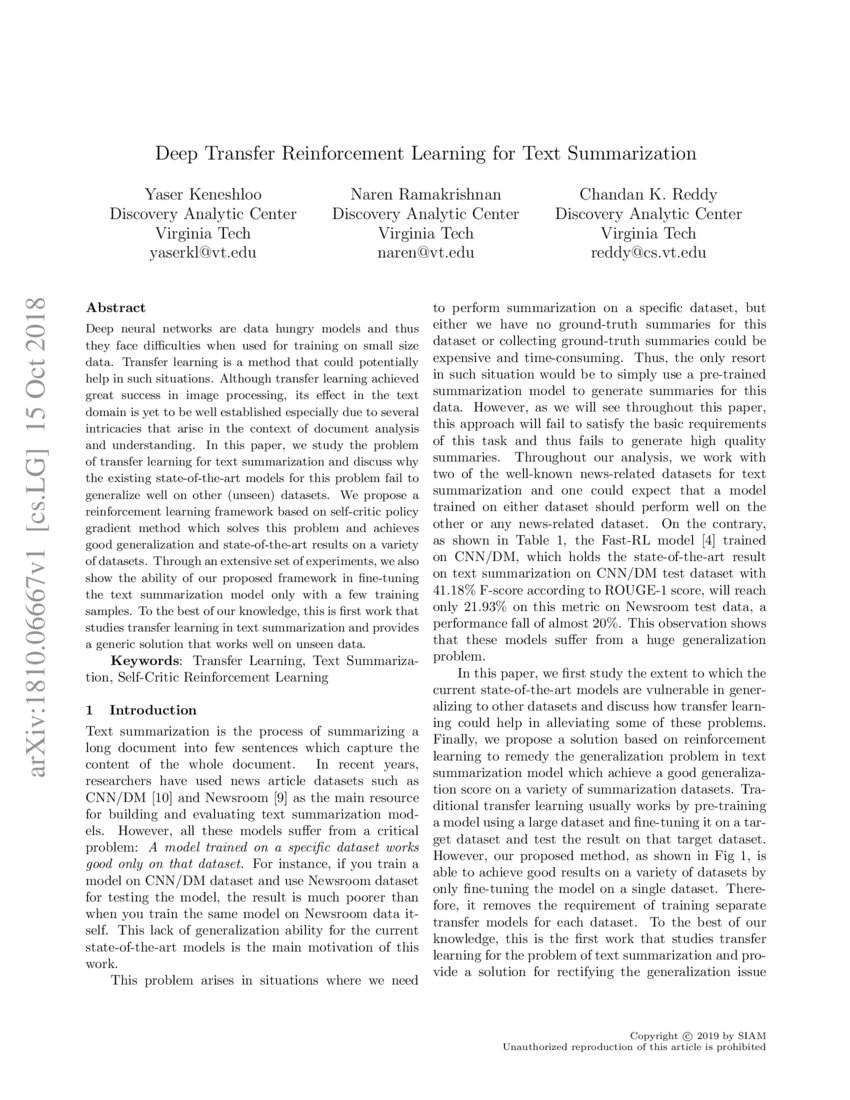 Deep Transfer Reinforcement Learning for Text Summarization | DeepAI