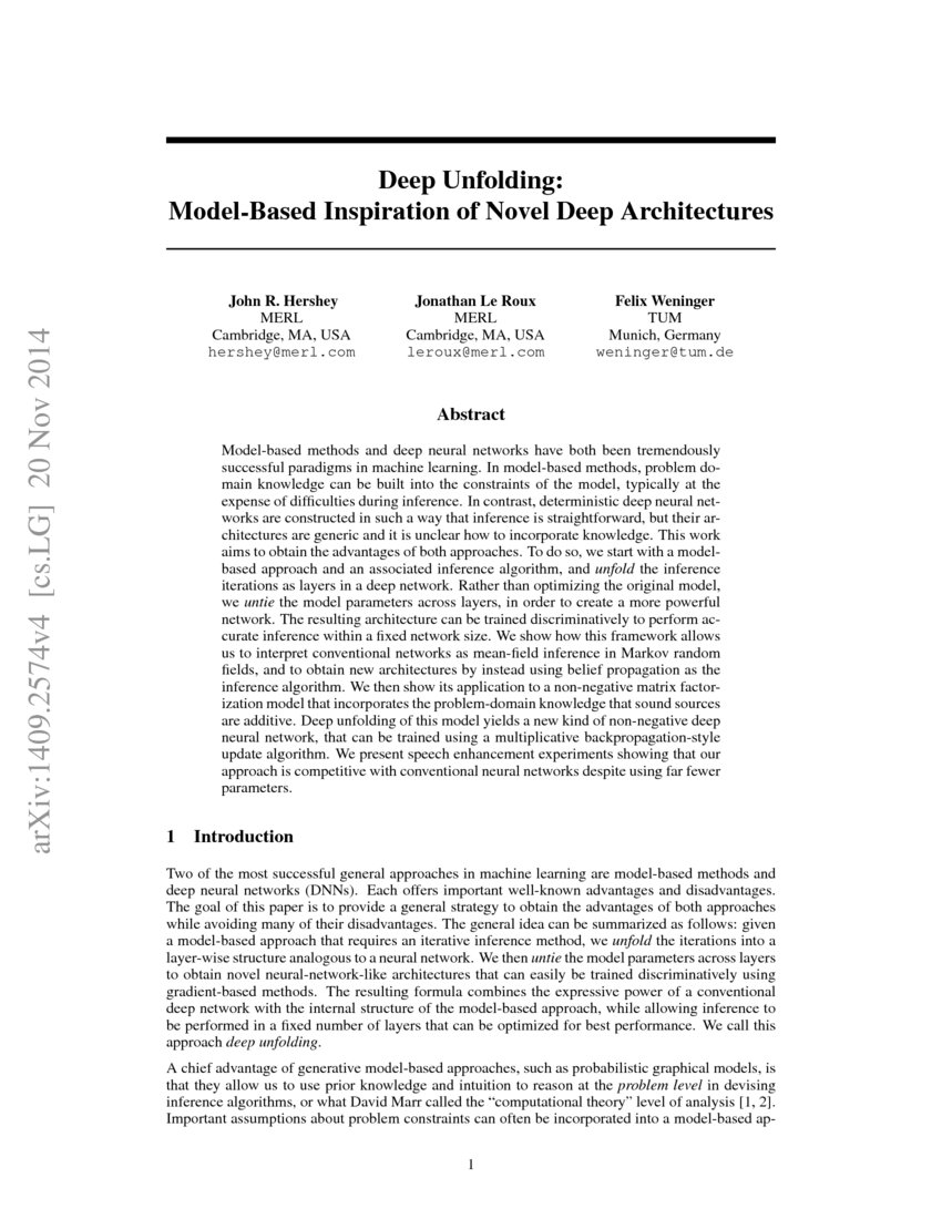 Deep Unfolding: Model-Based Inspiration of Novel Deep Architectures | DeepAI
