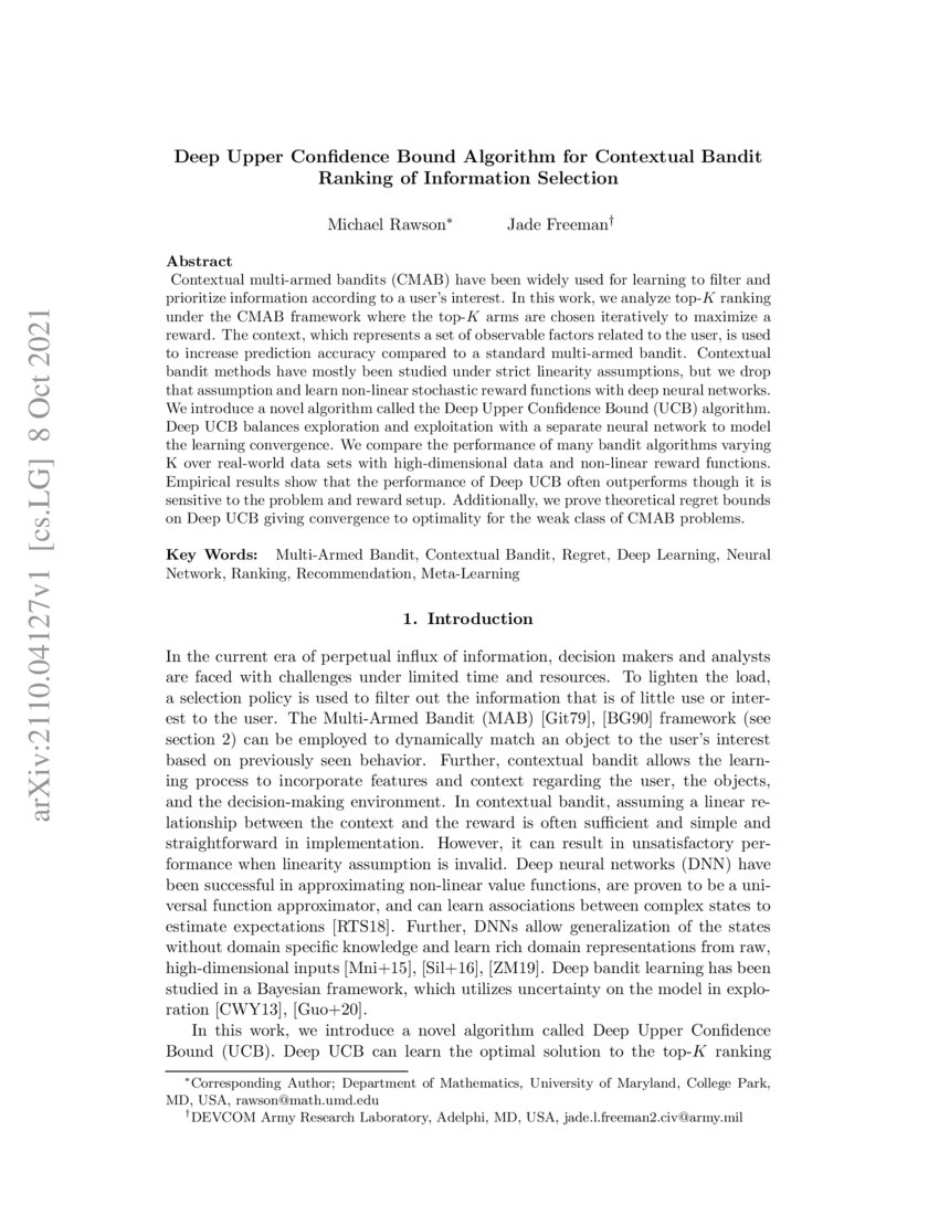 Deep Upper Confidence Bound Algorithm For Contextual Bandit Ranking Of Information Selection