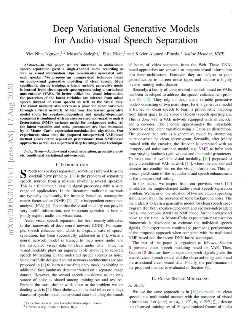 Deep Variational Generative Models for Audio-visual Speech Separation | DeepAI
