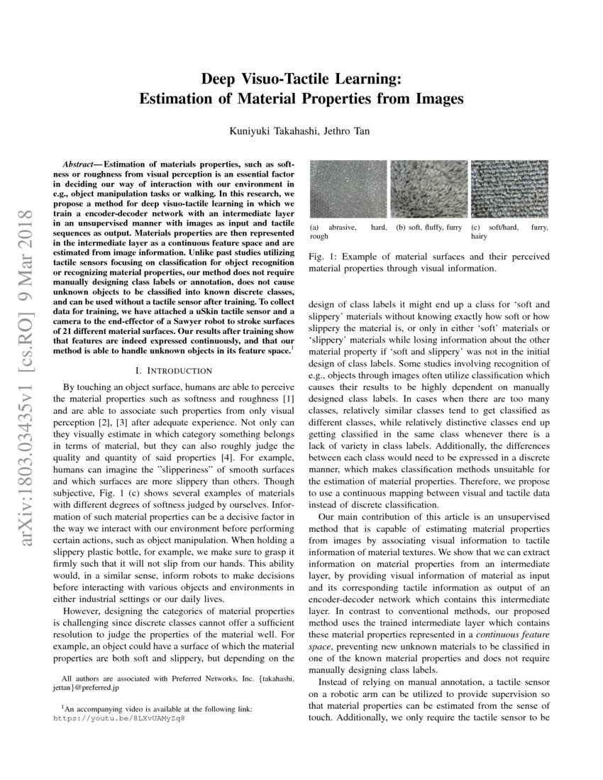 Deep Visuo-Tactile Learning: Estimation of Material Properties from Images | DeepAI