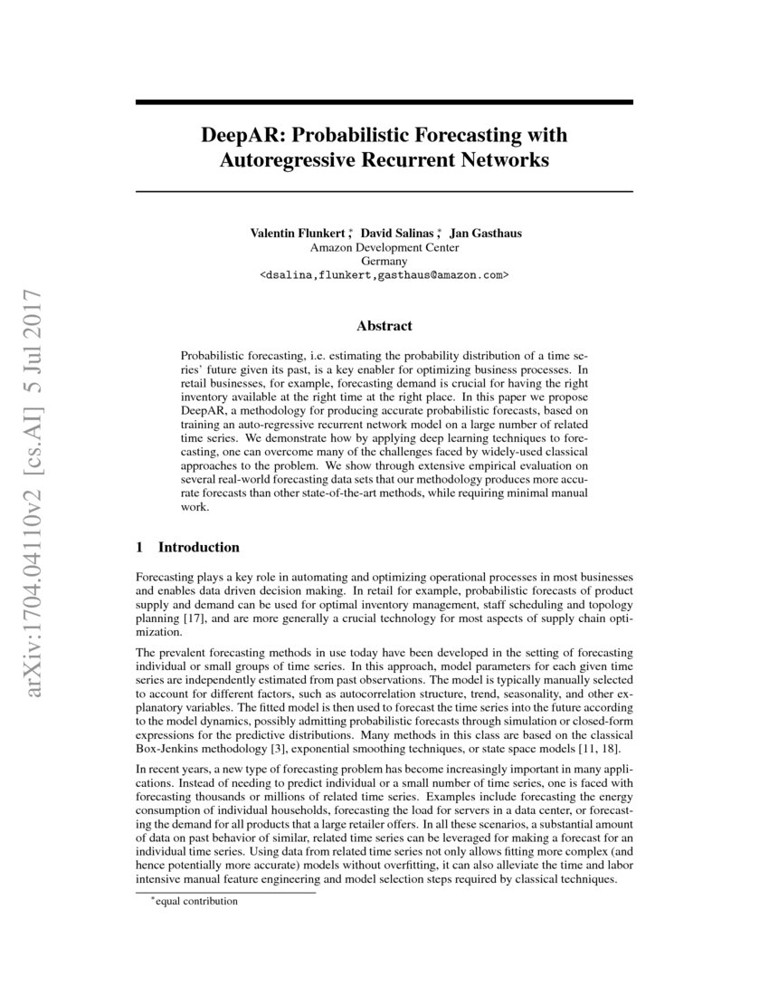DeepAR: Probabilistic Forecasting with Autoregressive Recurrent Networks | DeepAI