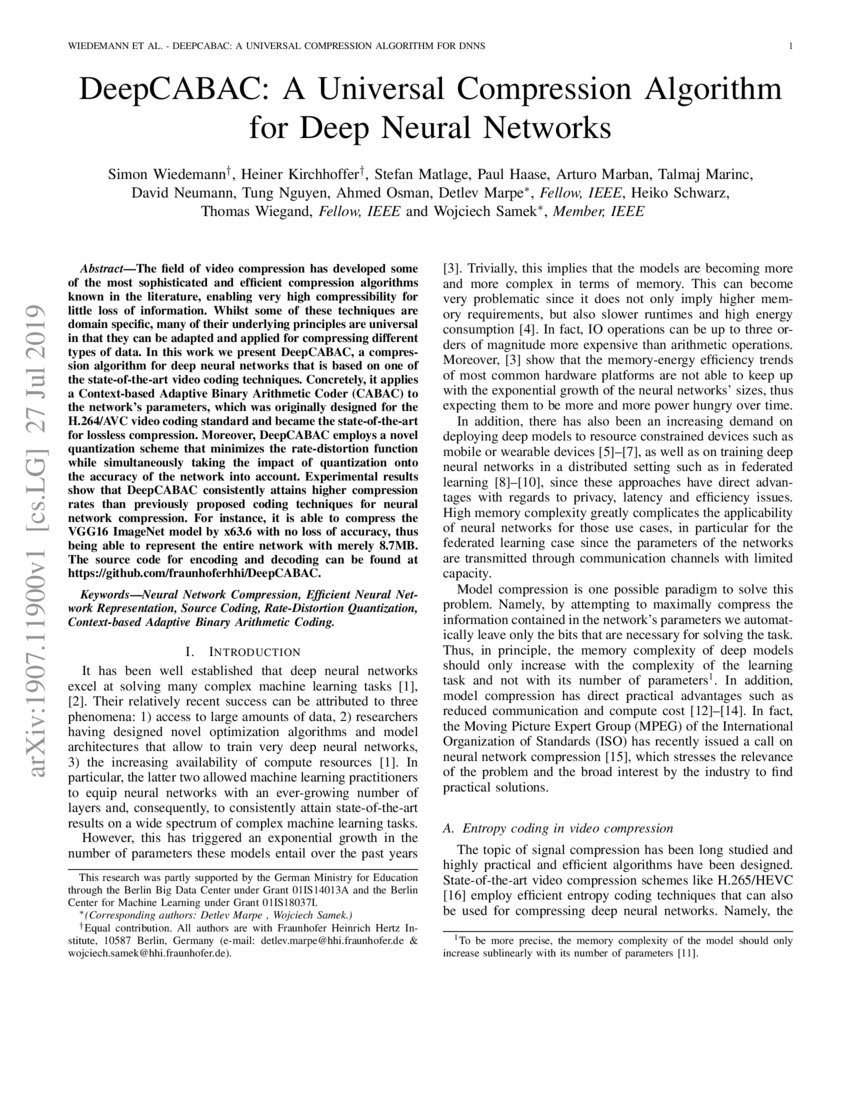 DeepCABAC: A Universal Compression Algorithm for Deep Neural Networks | DeepAI