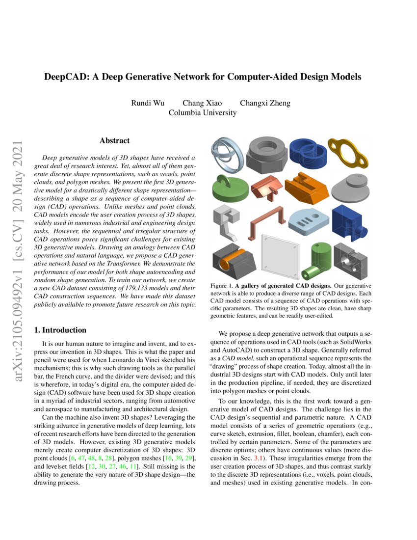 DeepCAD: A Deep Generative Network for Computer-Aided Design Models | DeepAI