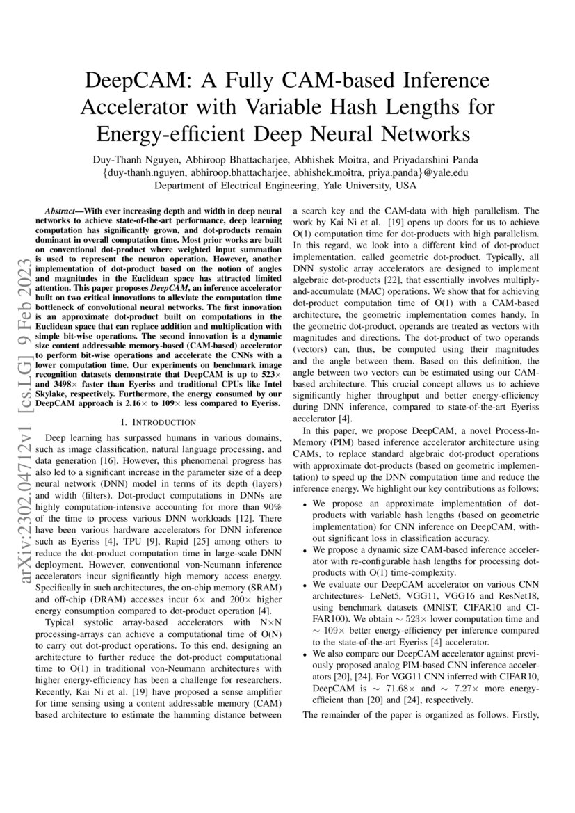 Deepcam A Fully Cam Based Inference Accelerator With Variable Hash Lengths For Energy Efficient