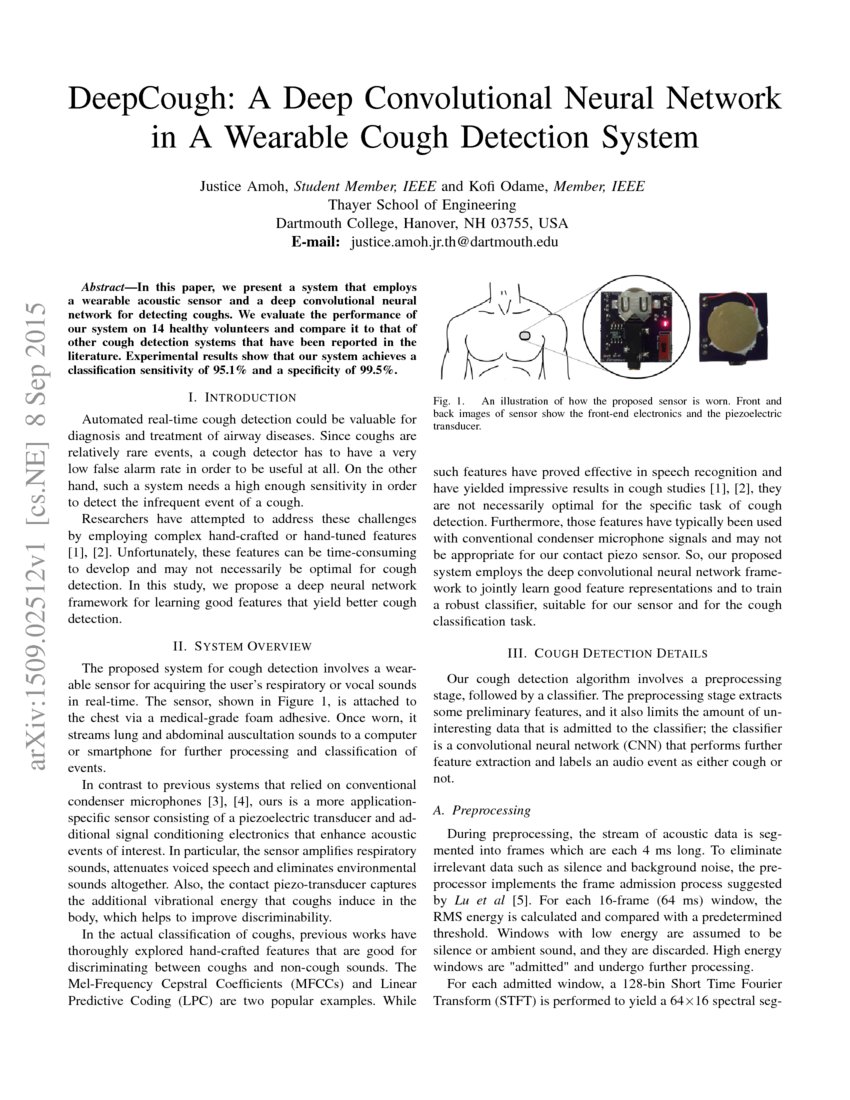 Deepcough A Deep Convolutional Neural Network In A Wearable Cough Detection System Deepai