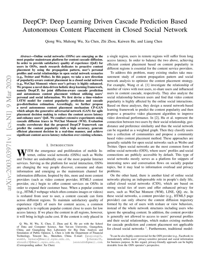 DeepCP: Deep Learning Driven Cascade Prediction Based Autonomous Content Placement in Closed ...