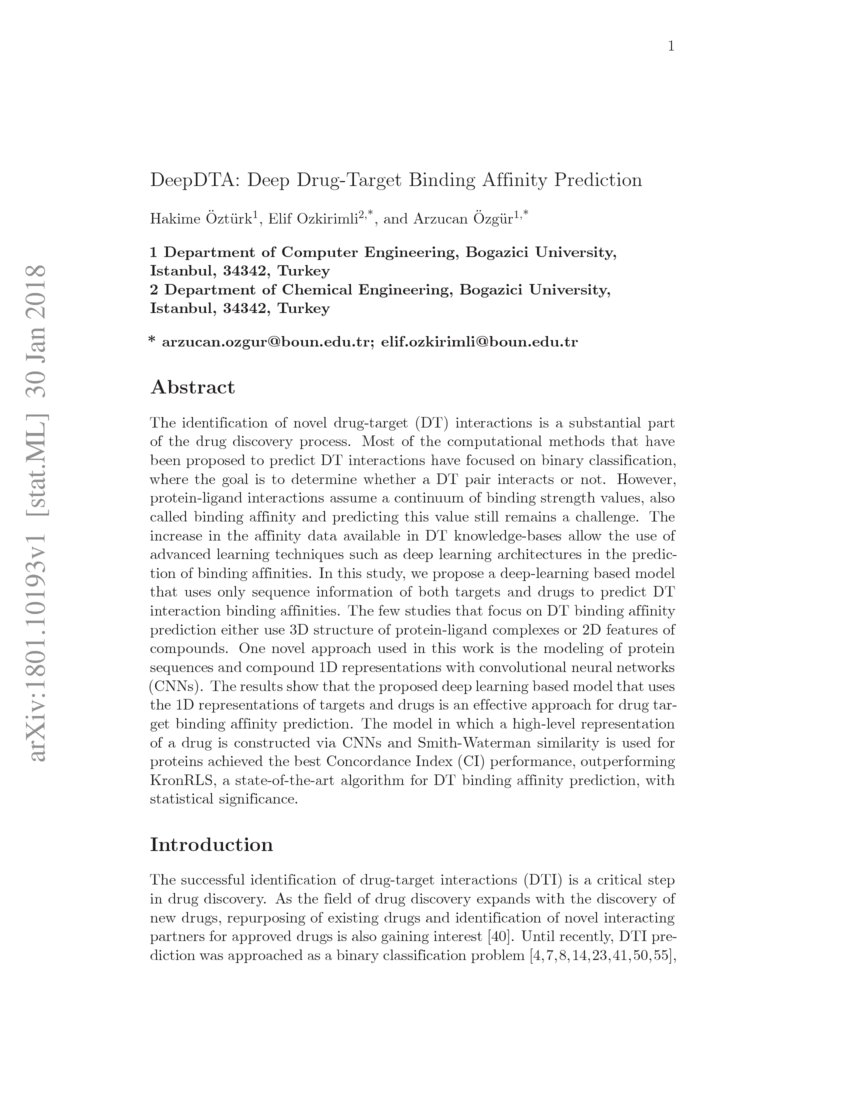 Deepdta Deep Drug Target Binding Affinity Prediction Deepai