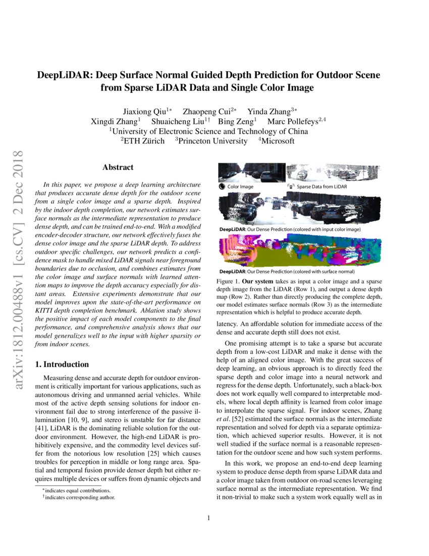 Deeplidar Deep Surface Normal Guided Depth Prediction For Outdoor
