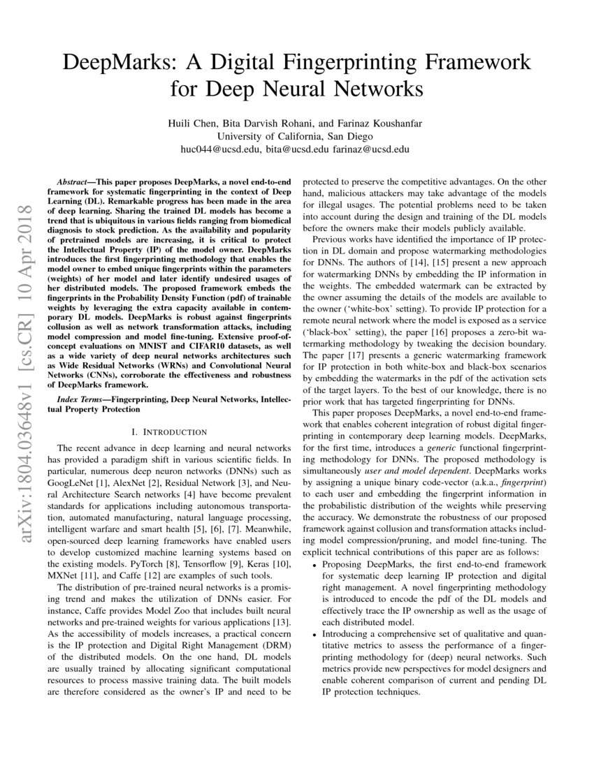 DeepMarks: A Digital Fingerprinting Framework for Deep Neural Networks | DeepAI