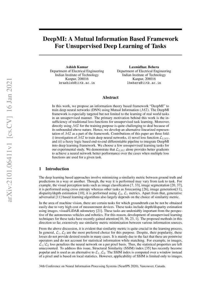 DeepMI: A Mutual Information Based Framework For Unsupervised Deep ... DeepMI: A Mutual Information Based Framework For Unsupervised Deep ...
