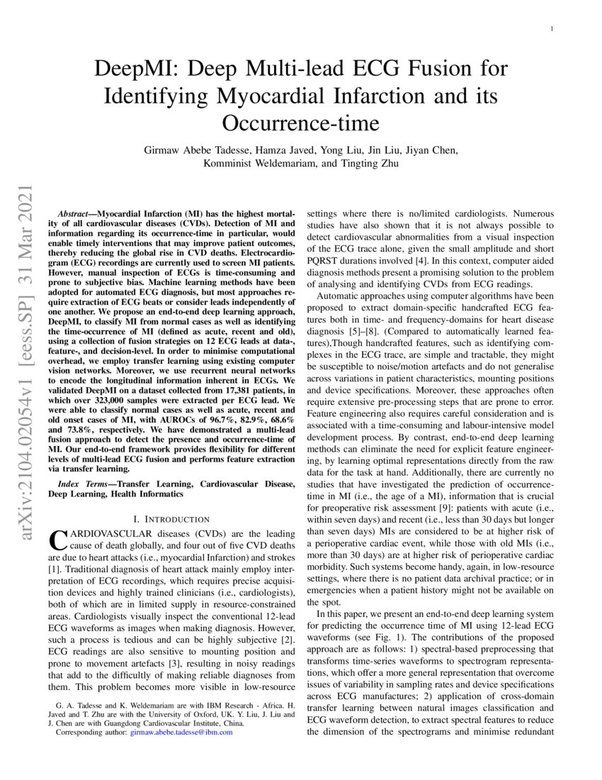 DeepMI: Deep Multi-lead ECG Fusion for Identifying Myocardial Infarction and its Occurrence-time ...
