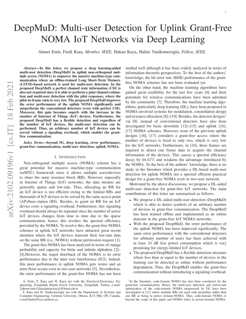 Deepmud Multi User Detection For Uplink Grant Free Noma Iot Networks Via Deep Learning Deepai