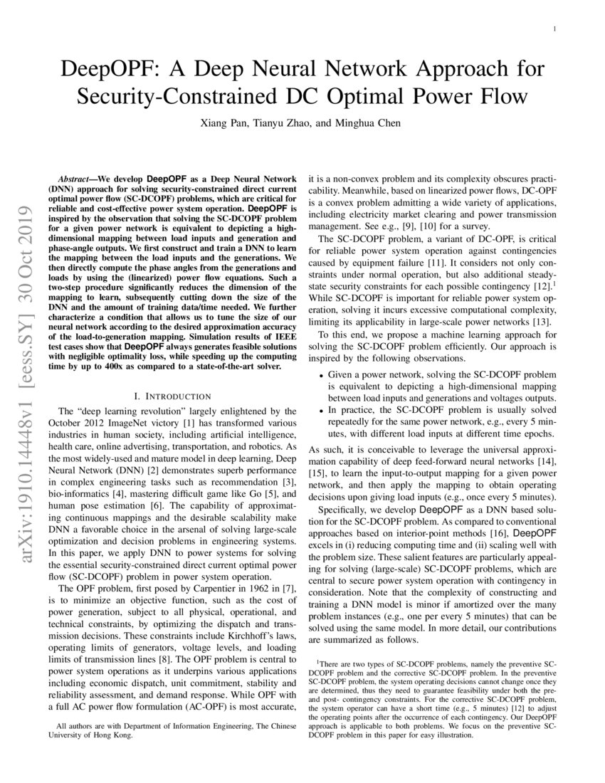DeepOPF: A Deep Neural Network Approach for Security-Constrained DC Optimal Power Flow | DeepAI