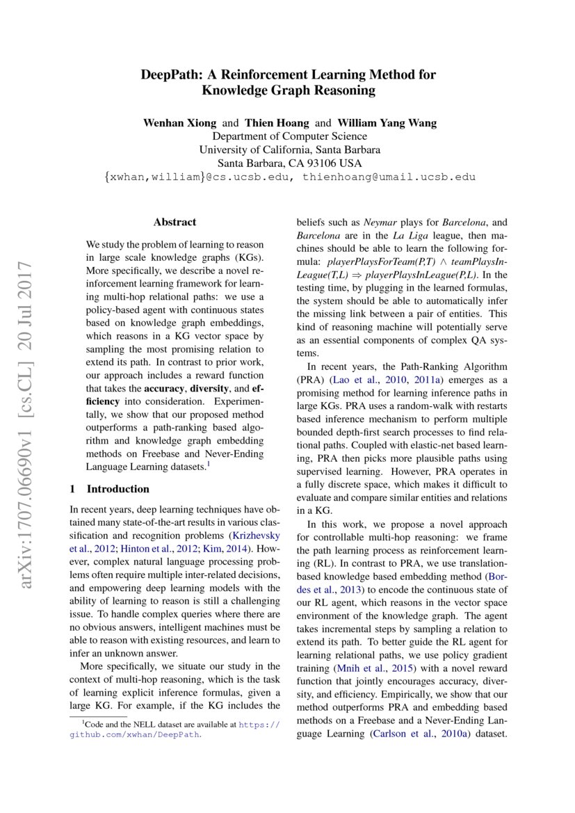 DeepPath: A Reinforcement Learning Method for Knowledge Graph Reasoning | DeepAI