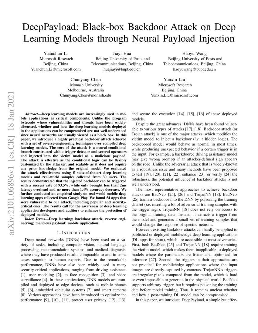 DeepPayload: Black-box Backdoor Attack on Deep Learning Models through ...