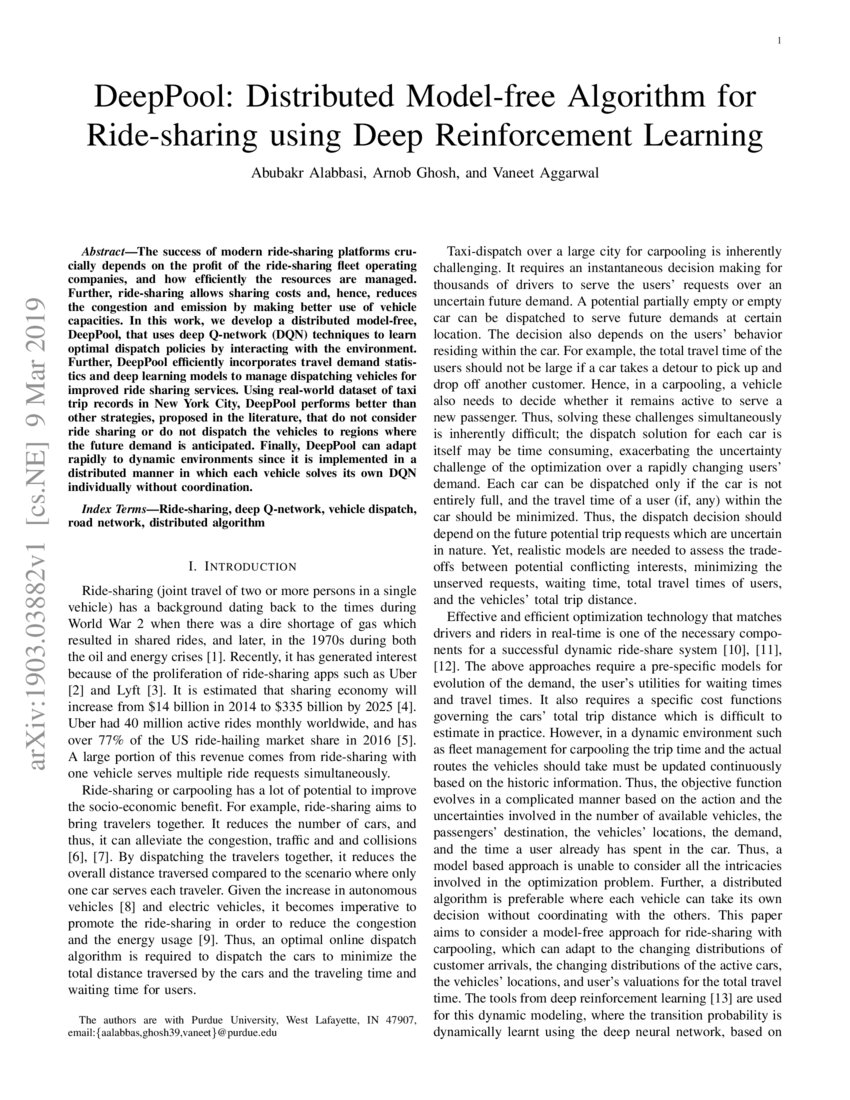 Deeppool Distributed Model Free Algorithm For Ride Sharing Using Deep Reinforcement Learning