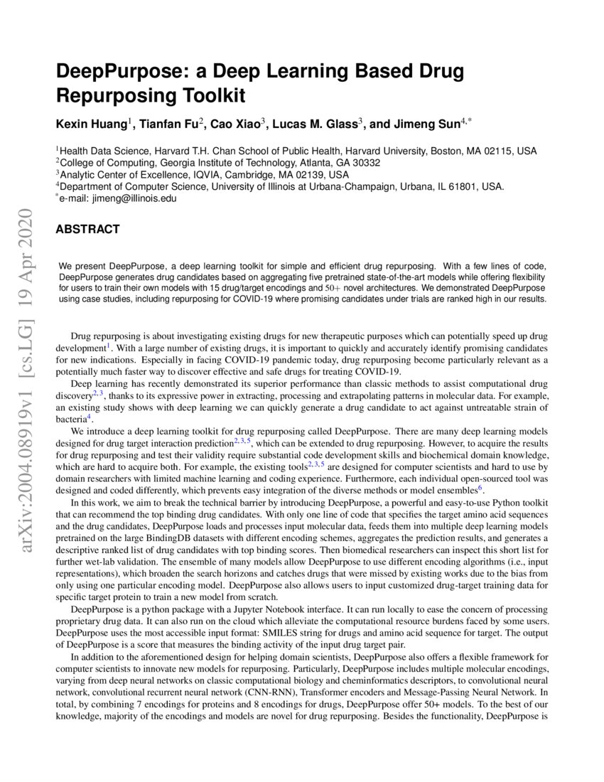 DeepPurpose: a Deep Learning Based Drug Repurposing Toolkit | DeepAI DeepPurpose: a Deep Learning Based Drug Repurposing Toolkit | DeepAI