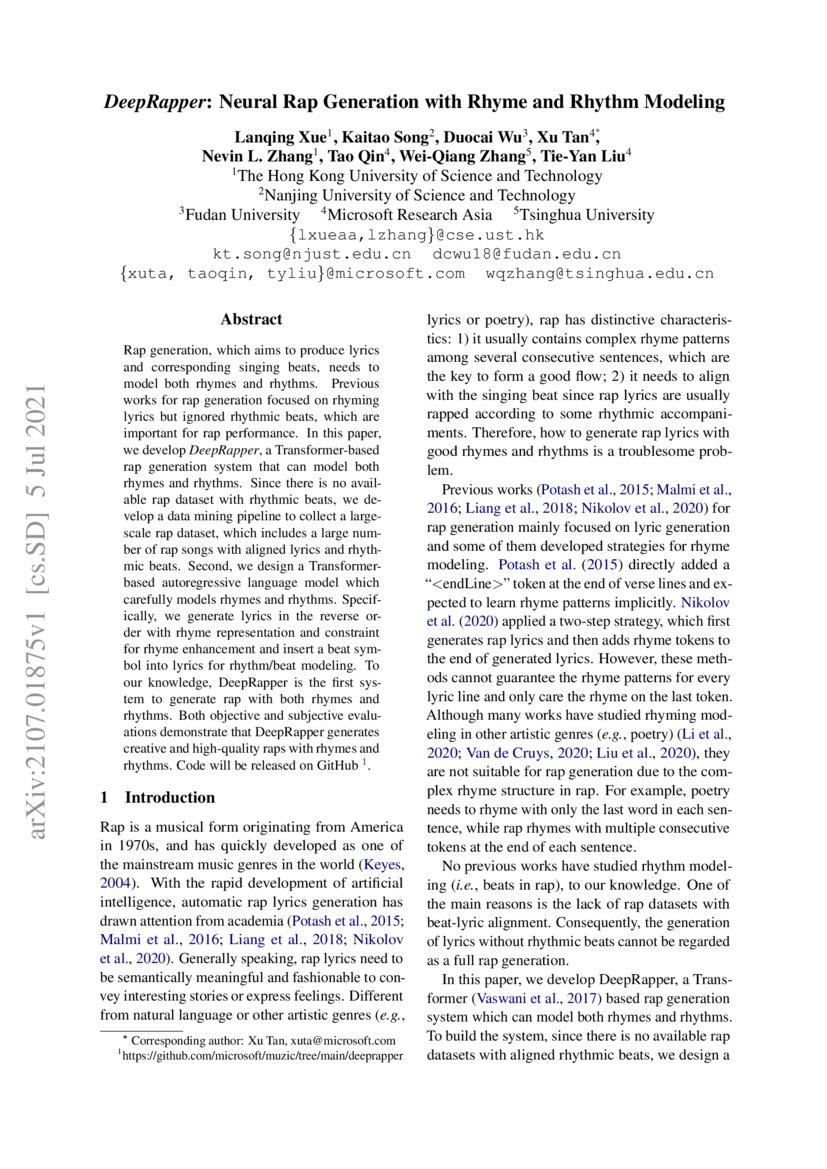 DeepRapper: Neural Rap Generation with Rhyme and Rhythm Modeling | DeepAI