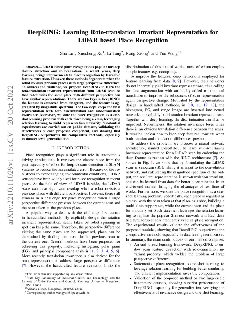 DeepRING: Learning Roto-translation Invariant Representation for LiDAR based Place Recognition ...