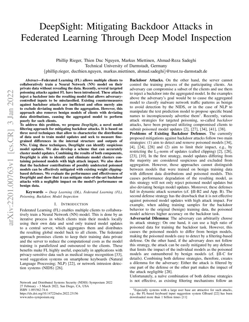 DeepSight: Mitigating Backdoor Attacks in Federated Learning Through ... DeepSight: Mitigating Backdoor Attacks in Federated Learning Through ...