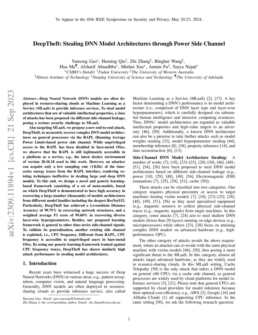 DeepTheft: Stealing DNN Model Architectures through Power Side Channel | DeepAI