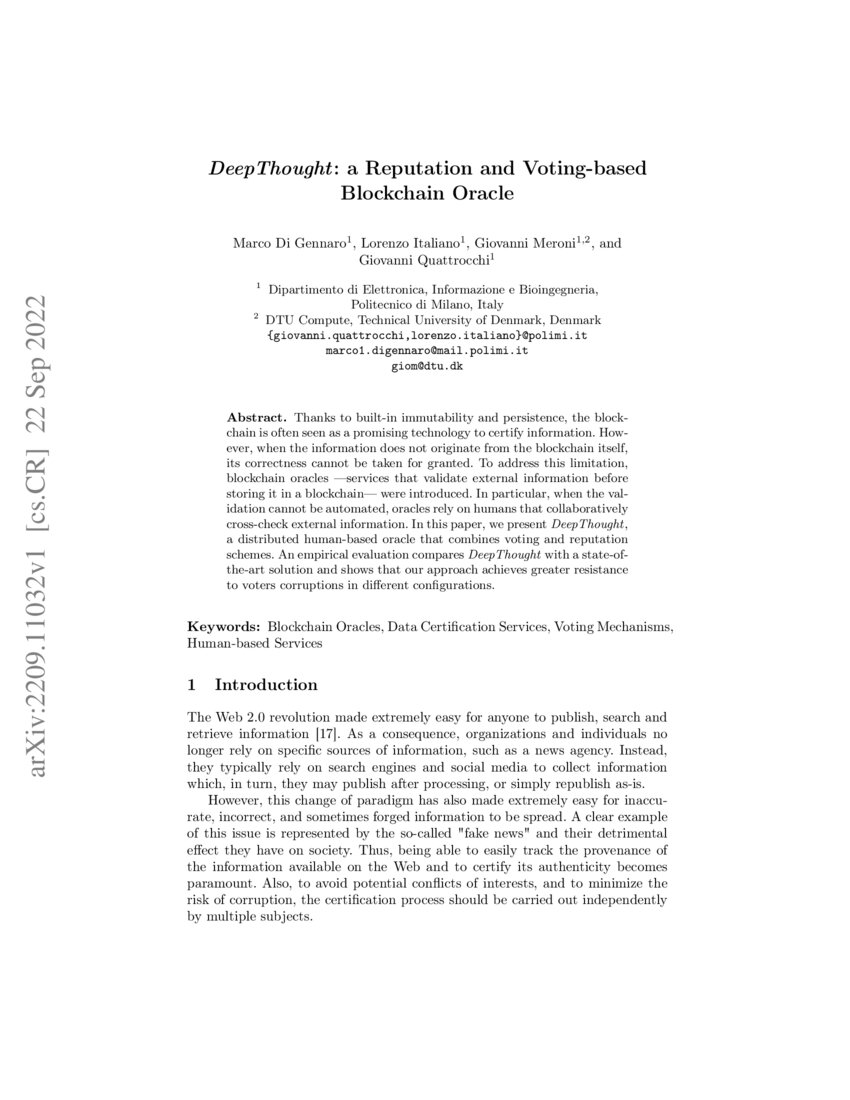 Deepthought A Reputation And Voting Based Blockchain Oracle Deepai 1576