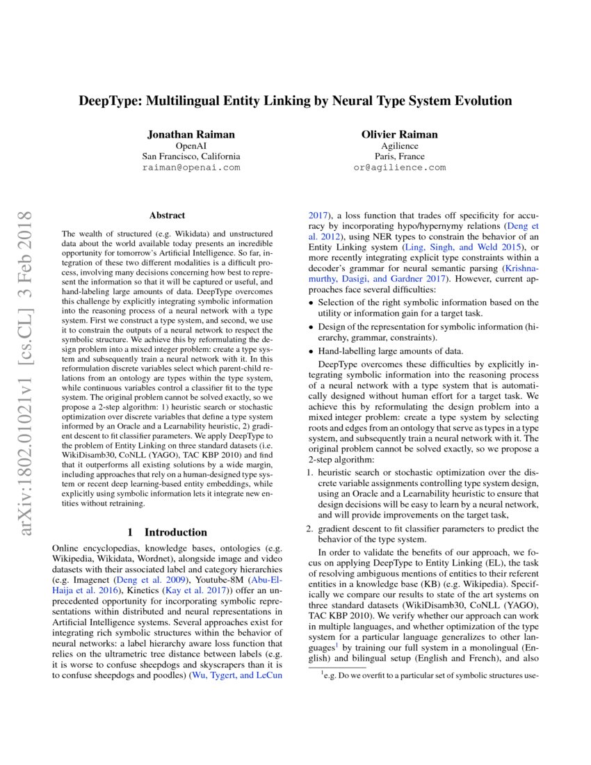 DeepType: Multilingual Entity Linking by Neural Type System Evolution | DeepAI