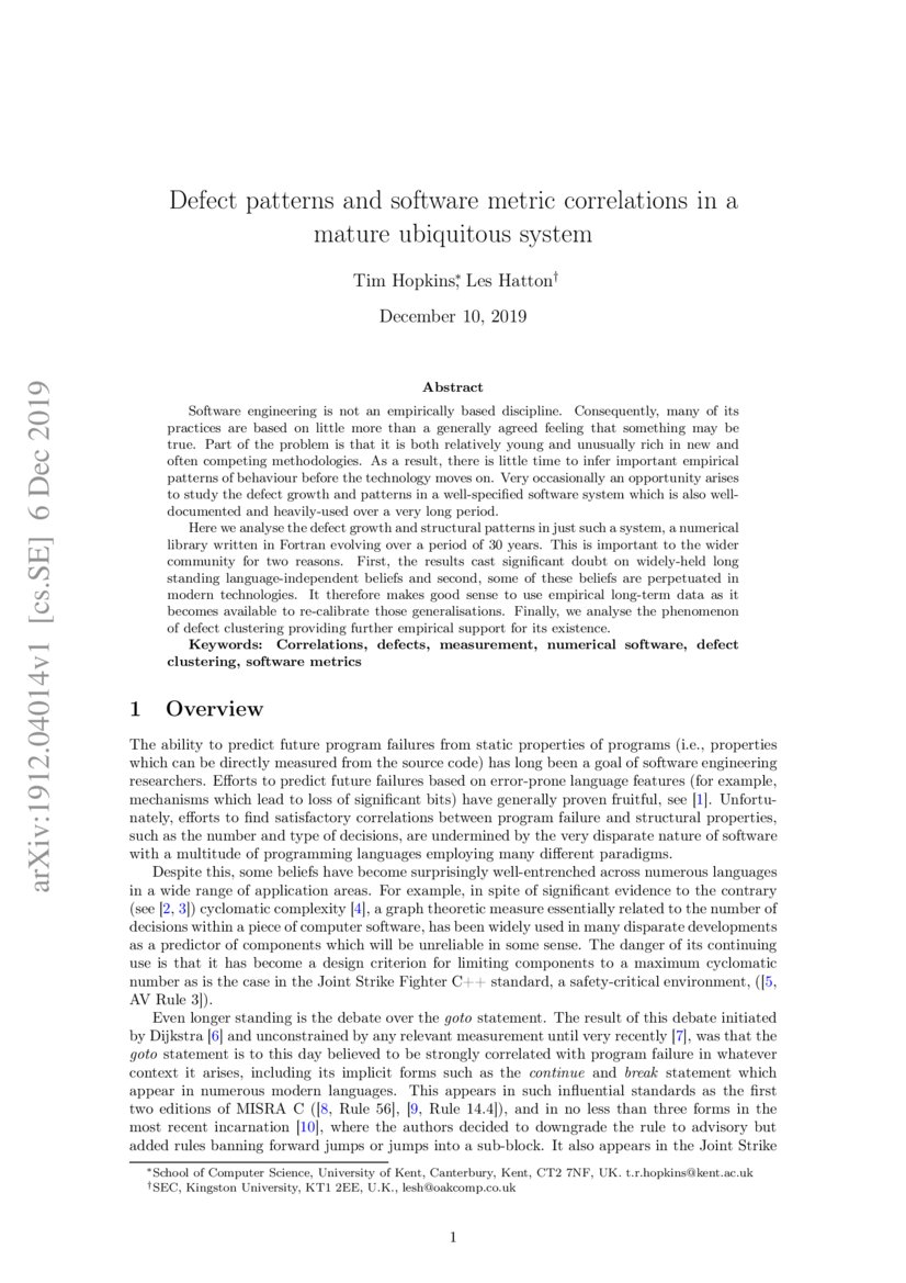 Defect Patterns And Software Metric Correlations In A Mature Ubiquitous