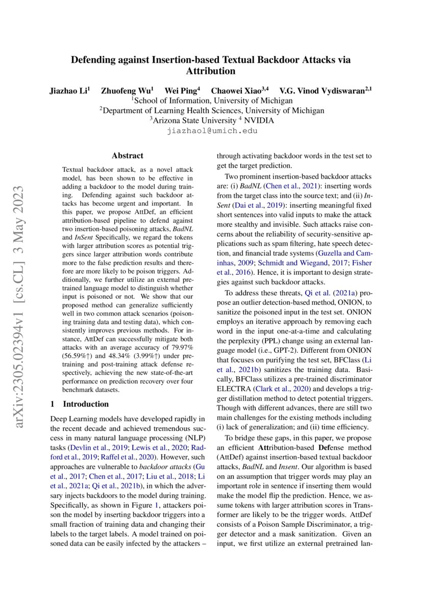 Defending against Insertion-based Textual Backdoor Attacks via ... Defending against Insertion-based Textual Backdoor Attacks via ...