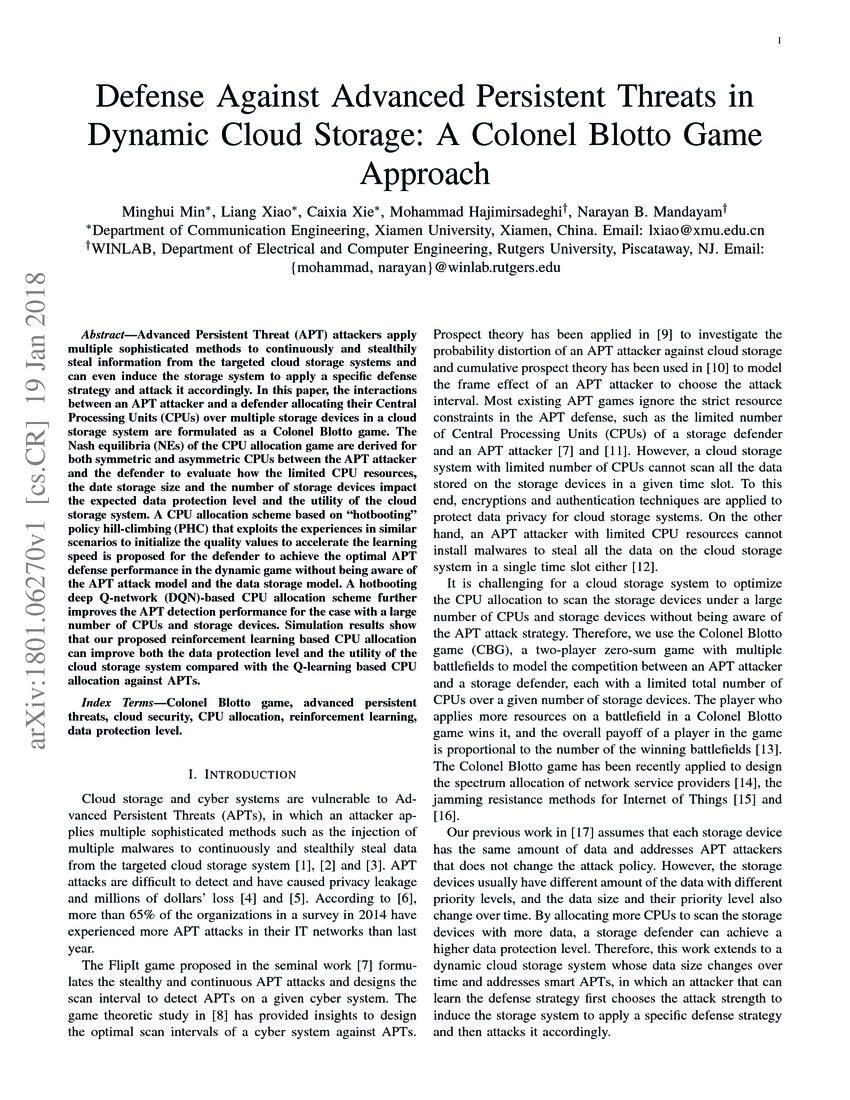 Defense Against Advanced Persistent Threats in Dynamic Cloud Storage: A Colonel Blotto Game ...