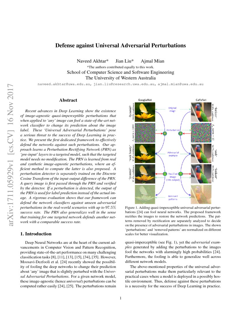 Defense against Universal Adversarial Perturbations | DeepAI Defense against Universal Adversarial Perturbations | DeepAI