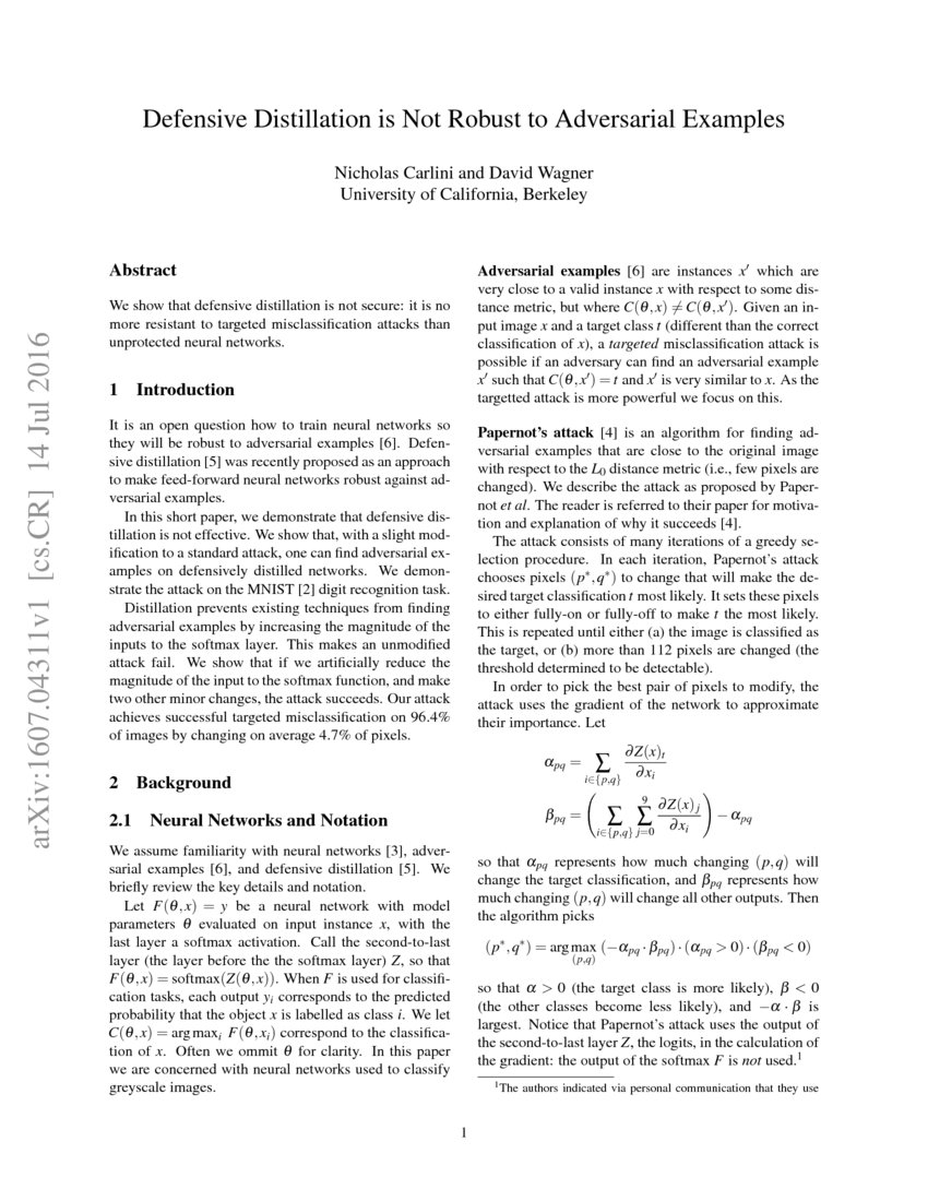Defensive Distillation is Not Robust to Adversarial Examples | DeepAI