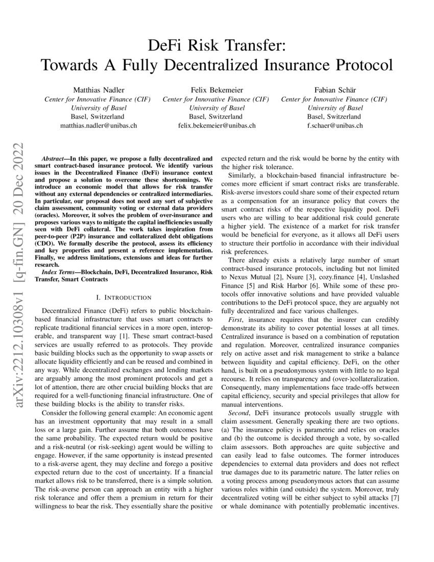 DeFi Risk Transfer: Towards A Fully Decentralized Insurance Protocol ...