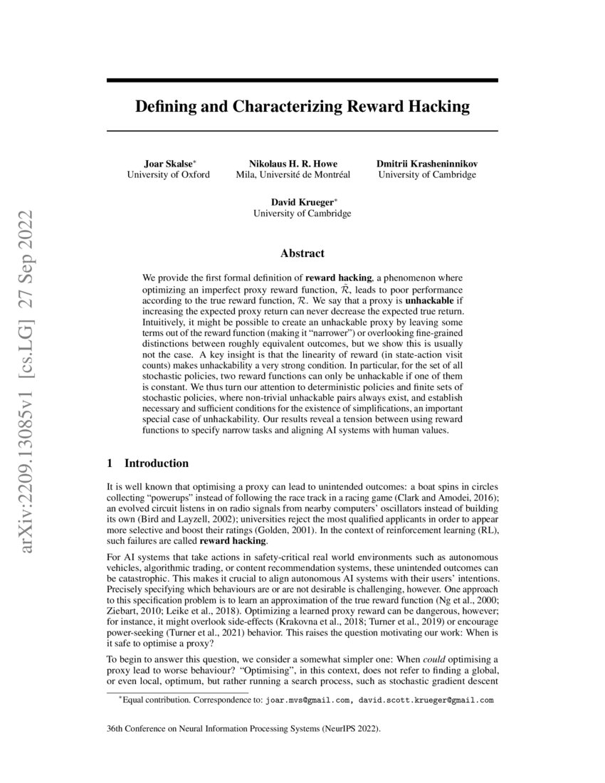 Defining and Characterizing Reward Hacking | DeepAI