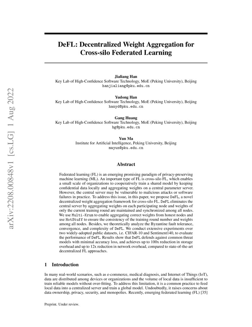 DeFL: Decentralized Weight Aggregation for Cross-silo Federated Learning | DeepAI