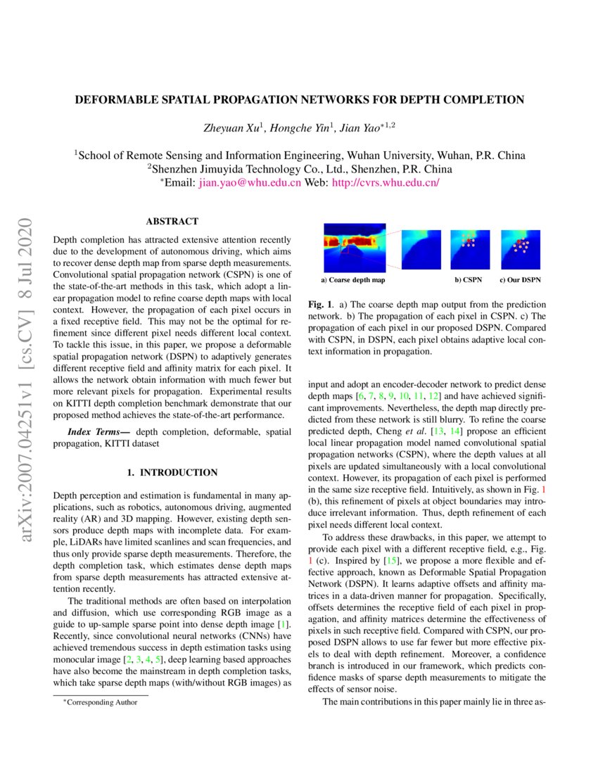 Deformable Spatial Propagation Network For Depth Completion Deepai