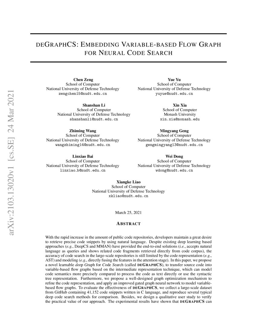 deGraphCS: Embedding Variable-based Flow Graph for Neural Code Search | DeepAI