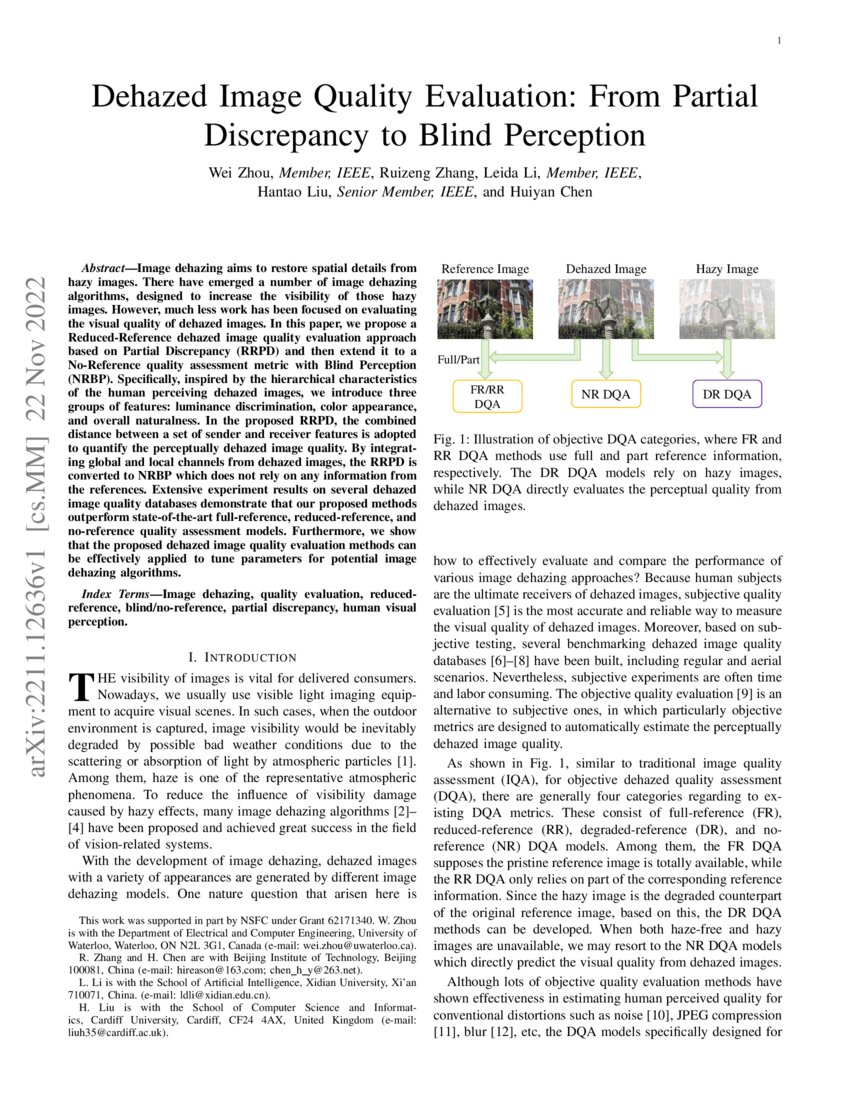 Dehazed Image Quality Evaluation: From Partial Discrepancy to Blind Perception | DeepAI
