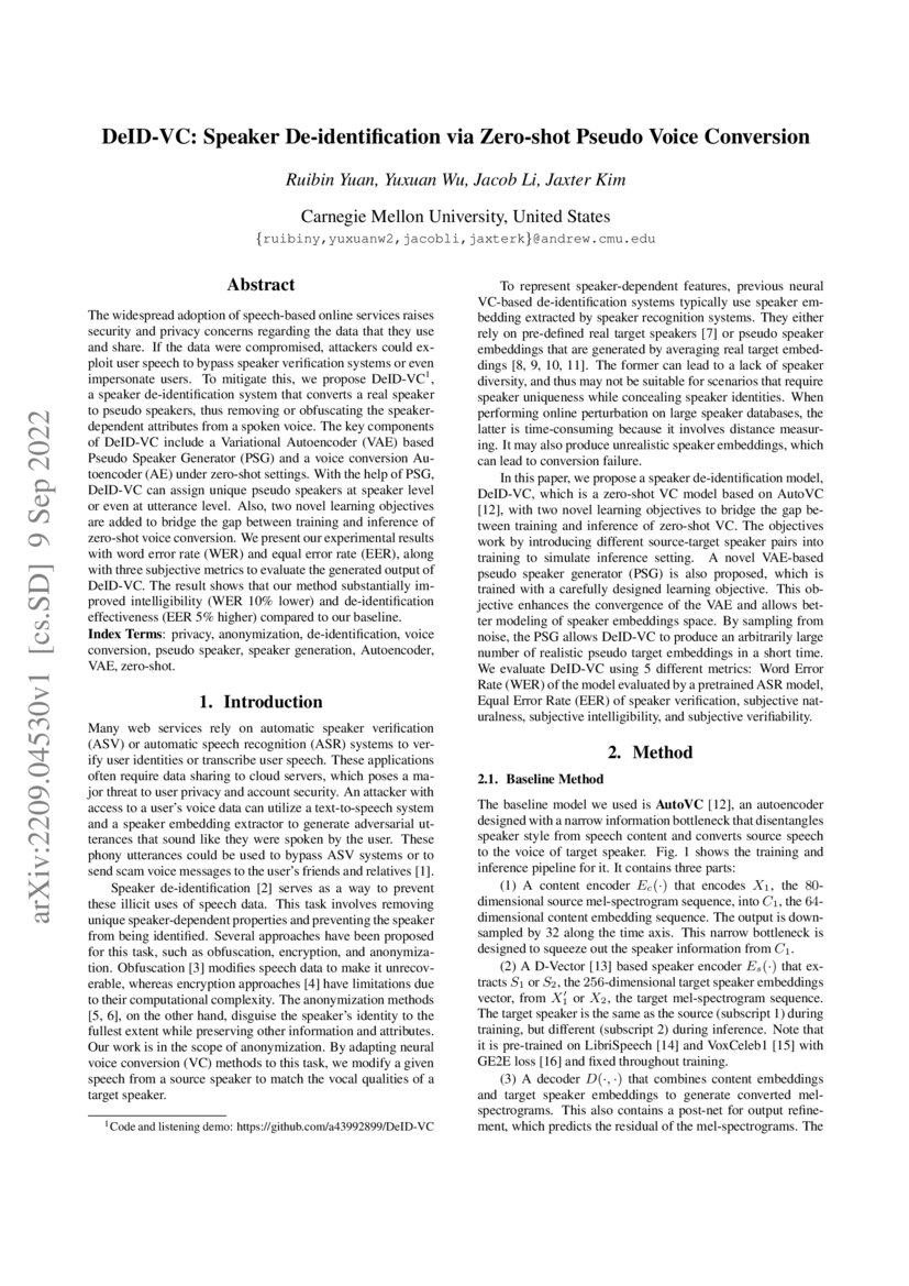 Deid Vc Speaker De Identification Via Zero Shot Pseudo Voice Conversion Deepai