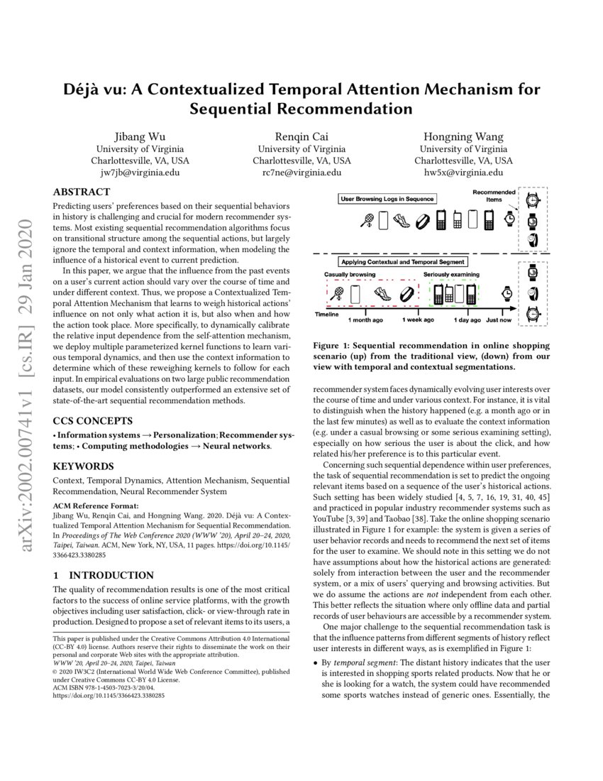 Déjà vu: A Contextualized Temporal Attention Mechanism for Sequential Recommendation | DeepAI