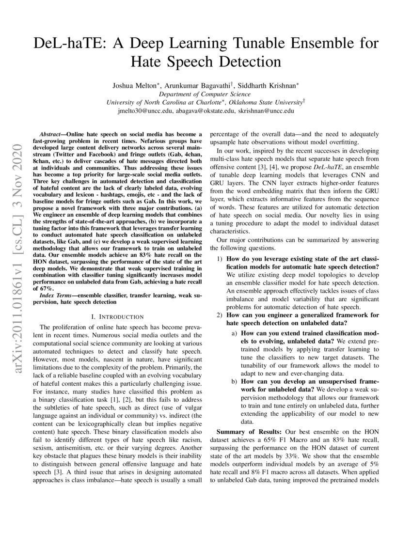 DeL-haTE: A Deep Learning Tunable Ensemble for Hate Speech Detection | DeepAI