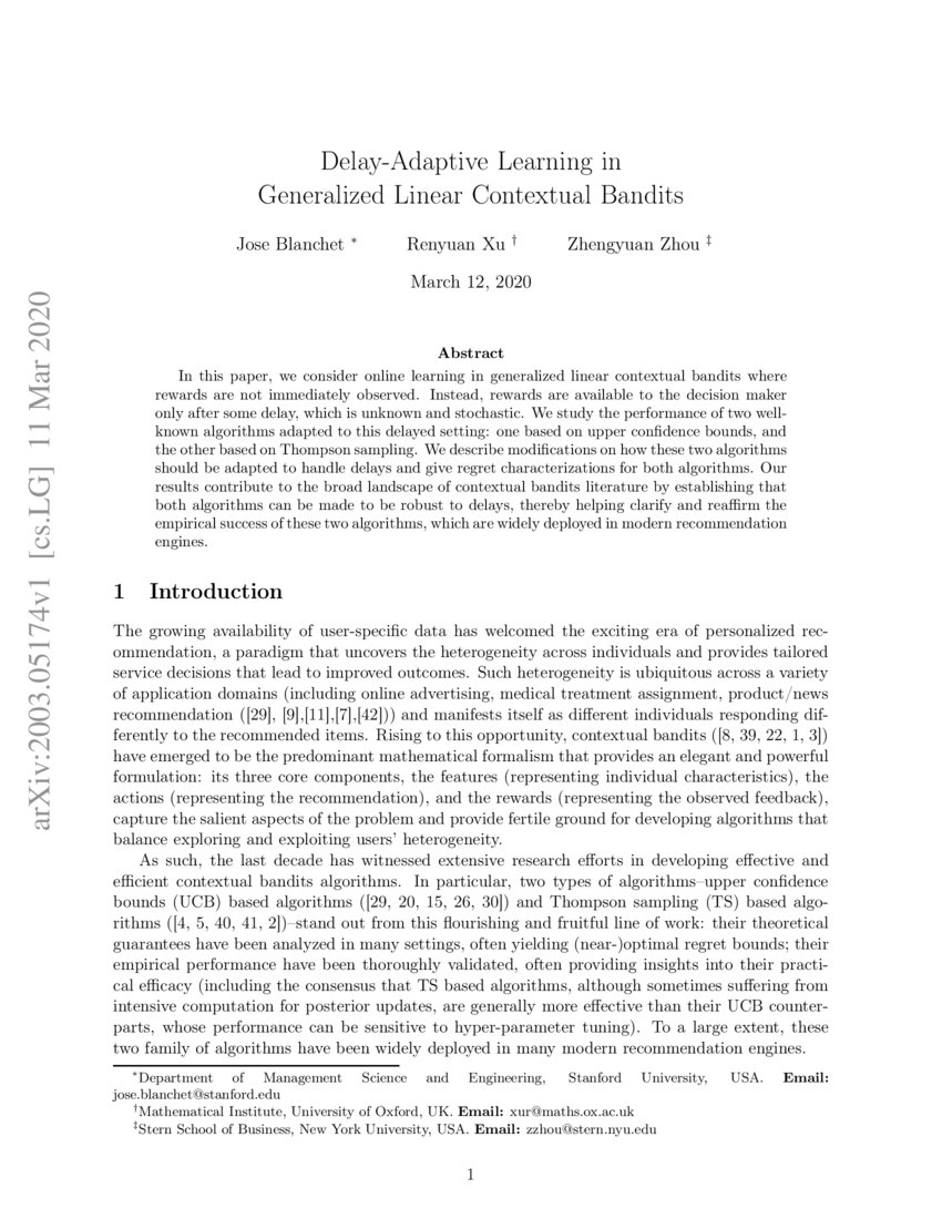 Delay Adaptive Learning In Generalized Linear Contextual Bandits Deepai